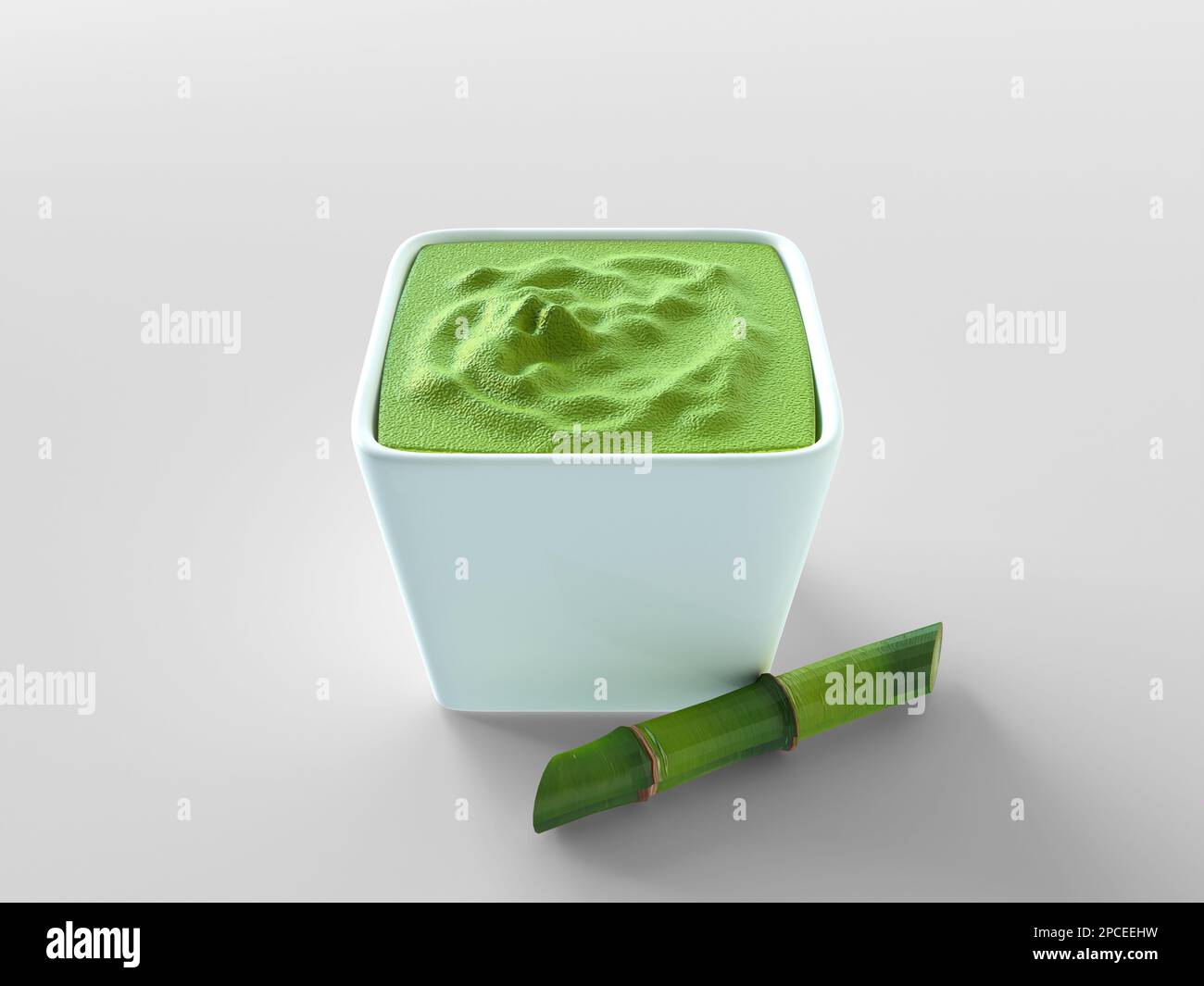 Container full of wasabi. Wasabi sauce in white glass square bowl. Set ...