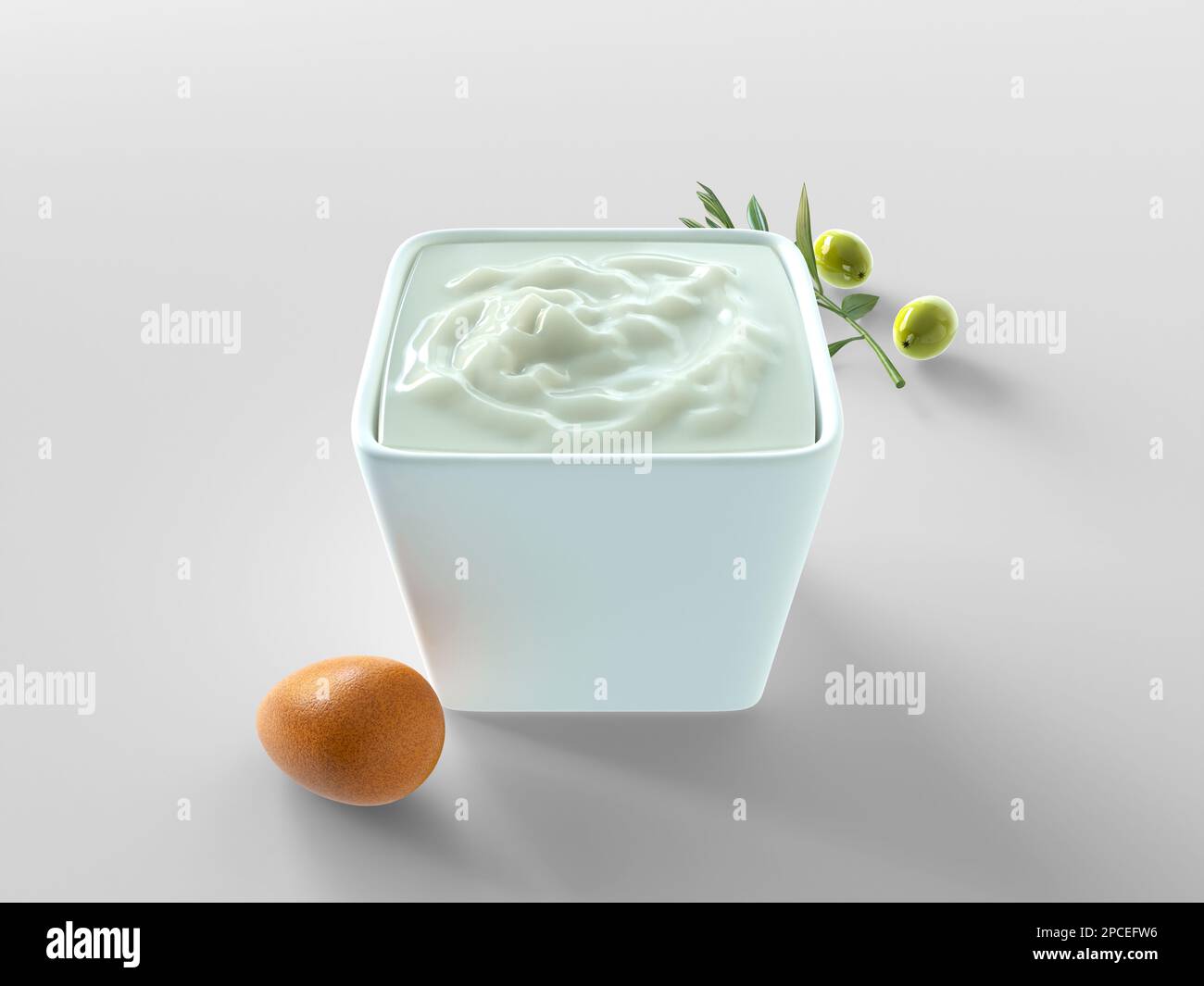 Container full of mayonnaise. White olive Mayo sauce in white glass ...