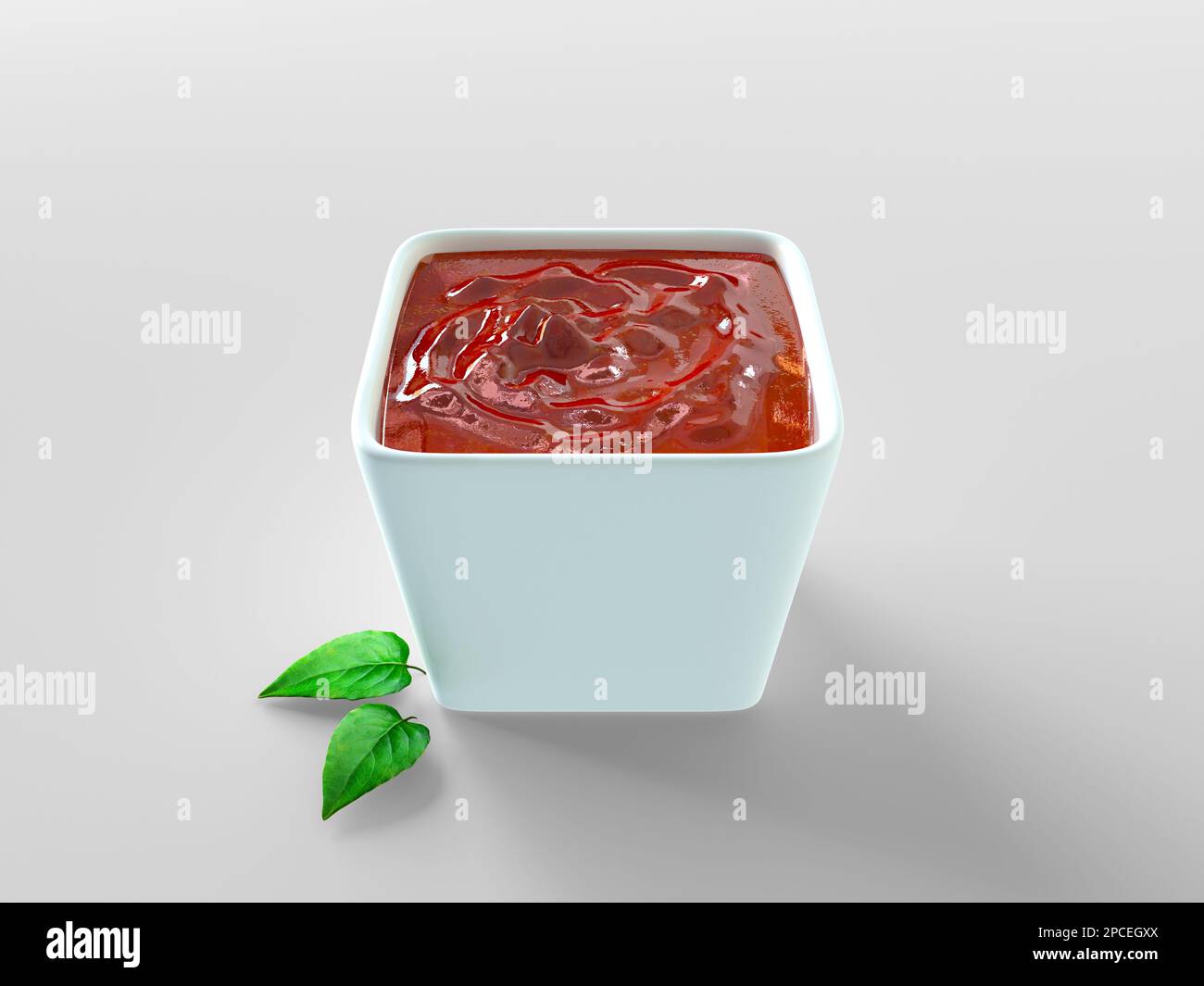 Container full of tomato paste. Red Ketchup sauce in white glass square ...