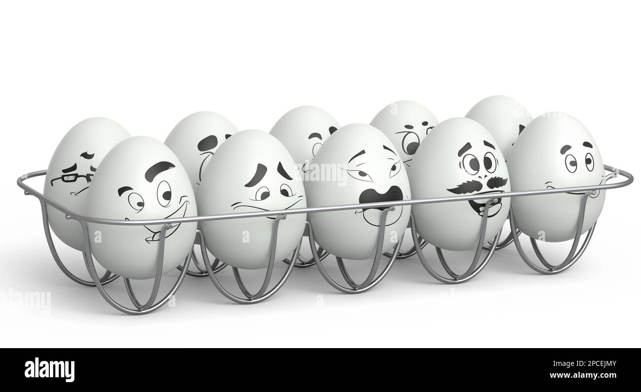 Farm white painted egg with expressions and funny face in metal wire ...
