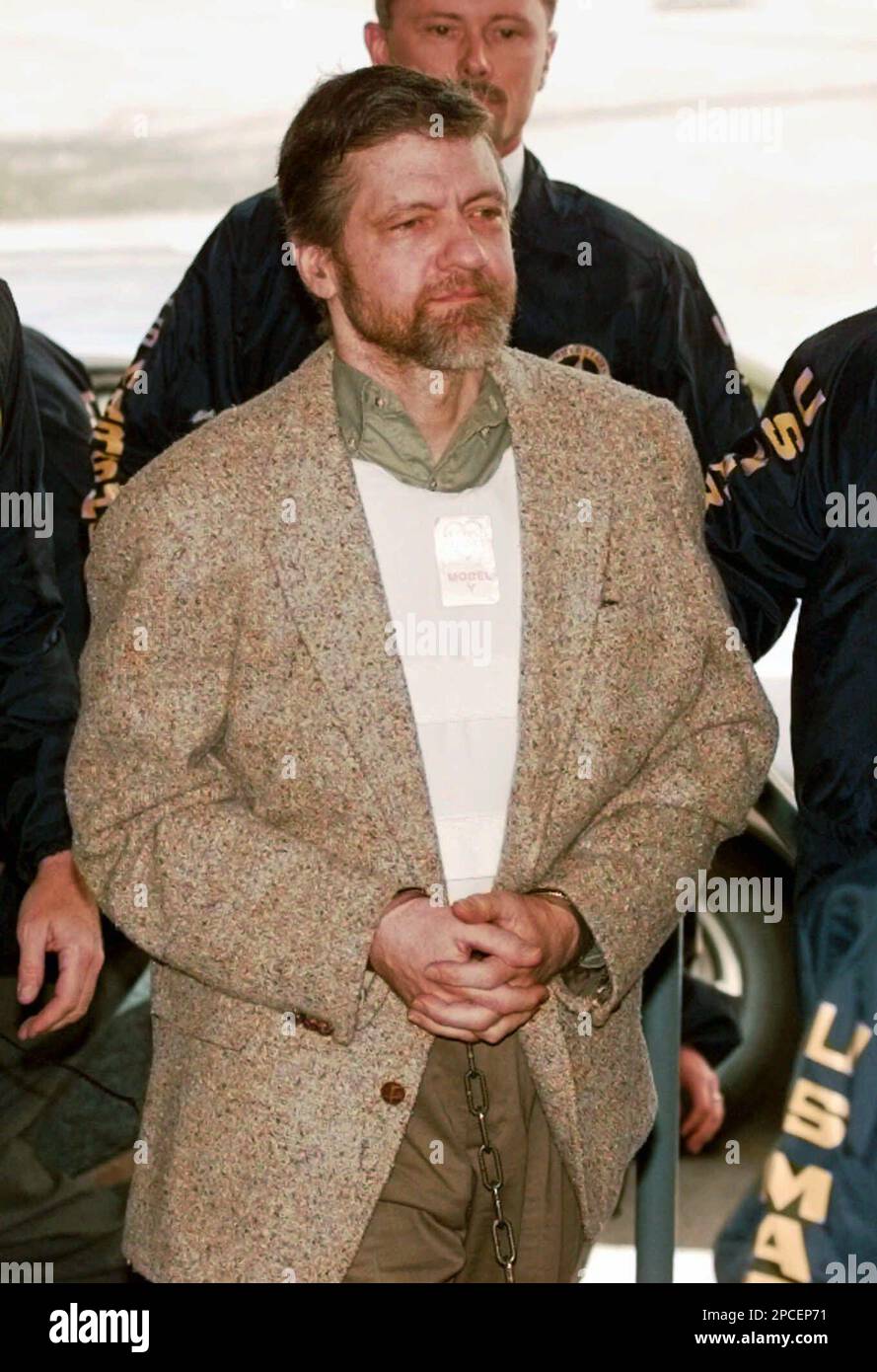 ** FILE ** Theodore Kaczynski, wearing a white bullet proof vest, is ...