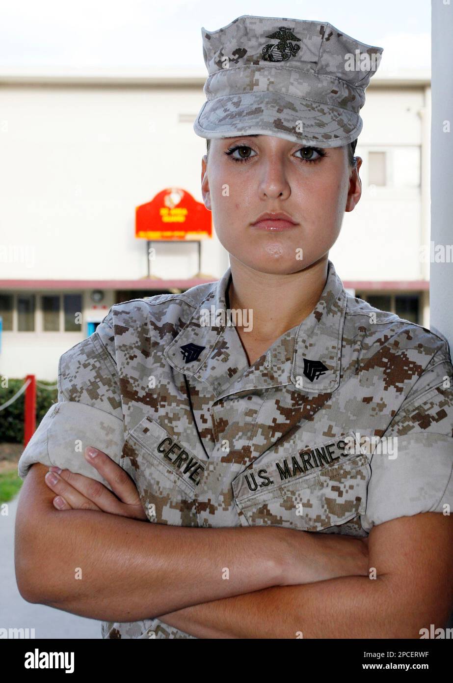 Marine Corps Sgt. Heather Cerveny poses for a photo after talking about ...