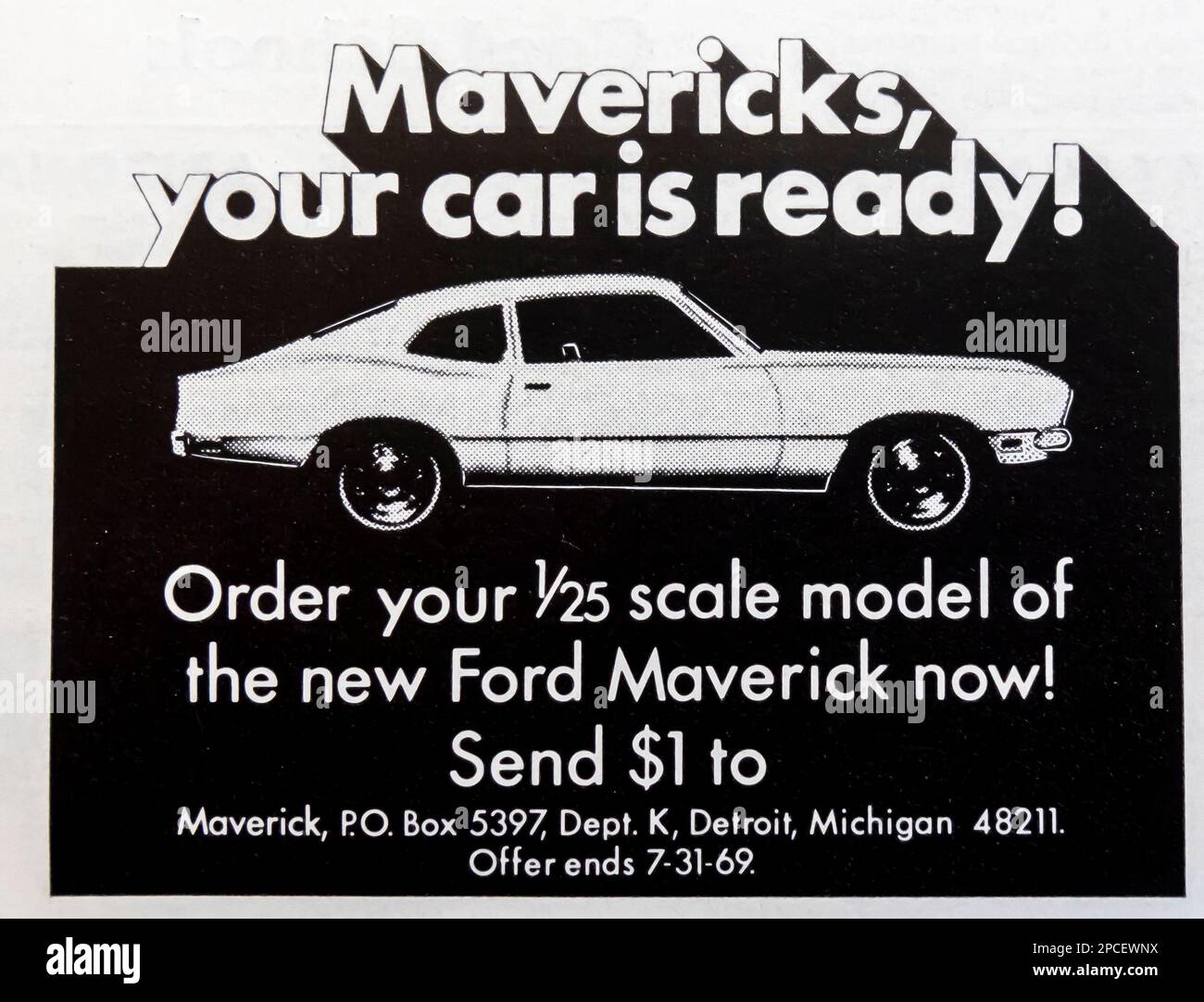 Ford Maverick scale model advert in a Natgeo magazine June 1969 Stock ...