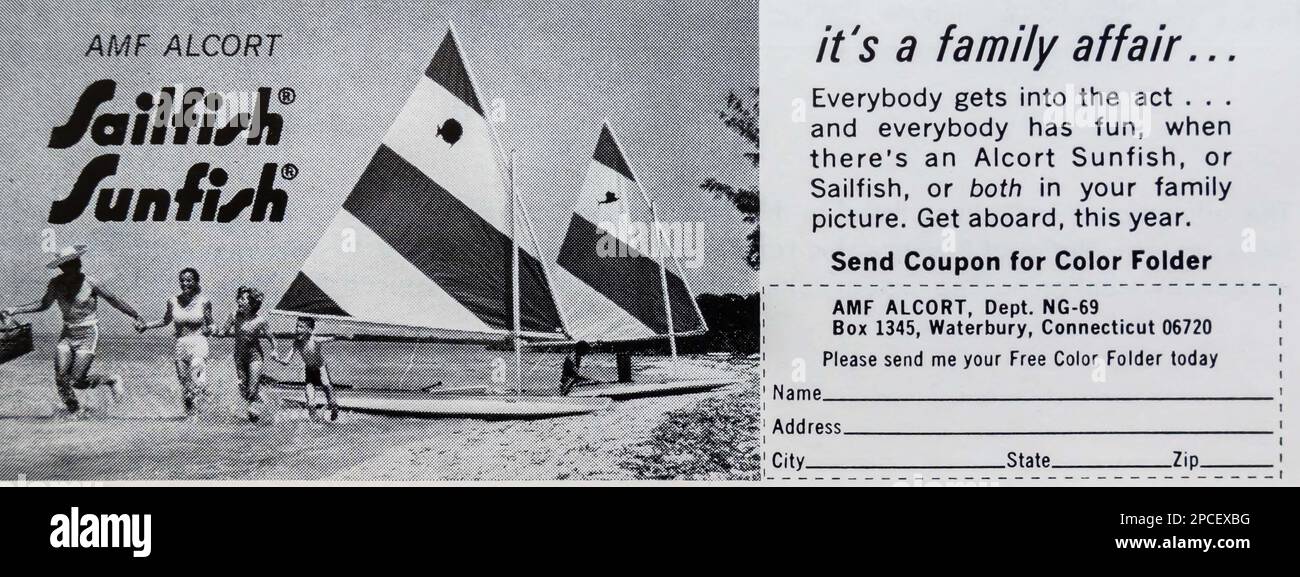 Alcort Sunfish Sailfish advert in a Natgeo magazine June 1969 Stock ...
