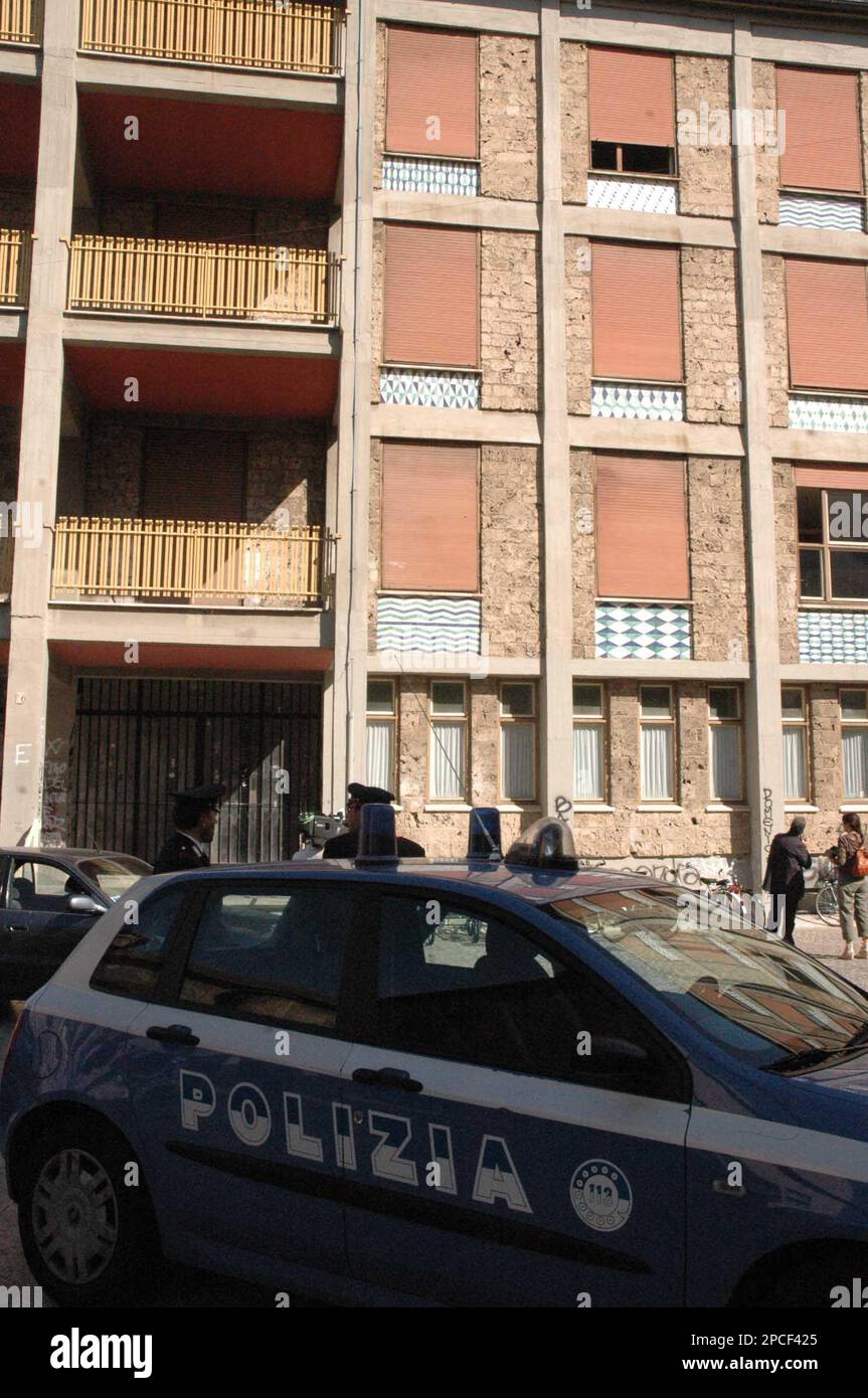 Policemen are seen in front of the Leonardo da Vinci school in Terni ...