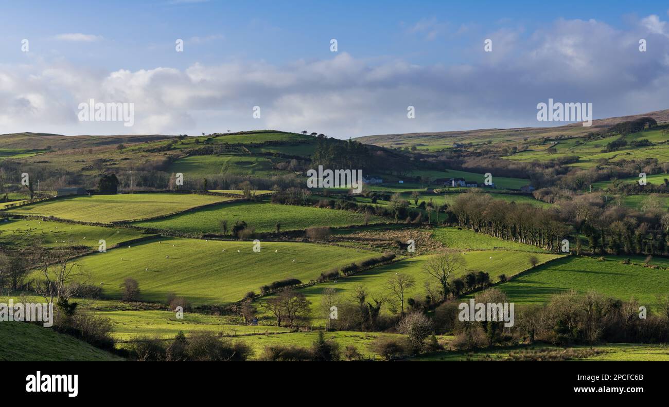 Serene countryside and idyllic rural landscape of green fields, rolling ...
