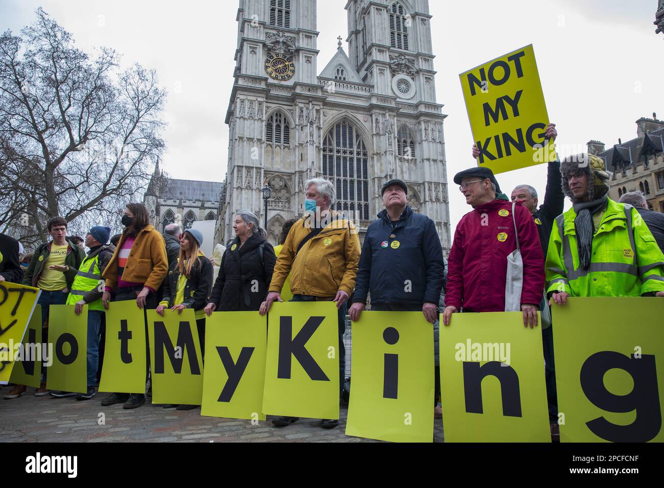 London, UK. 13th March, 2023. Anti-monarchists from Republic protest ...