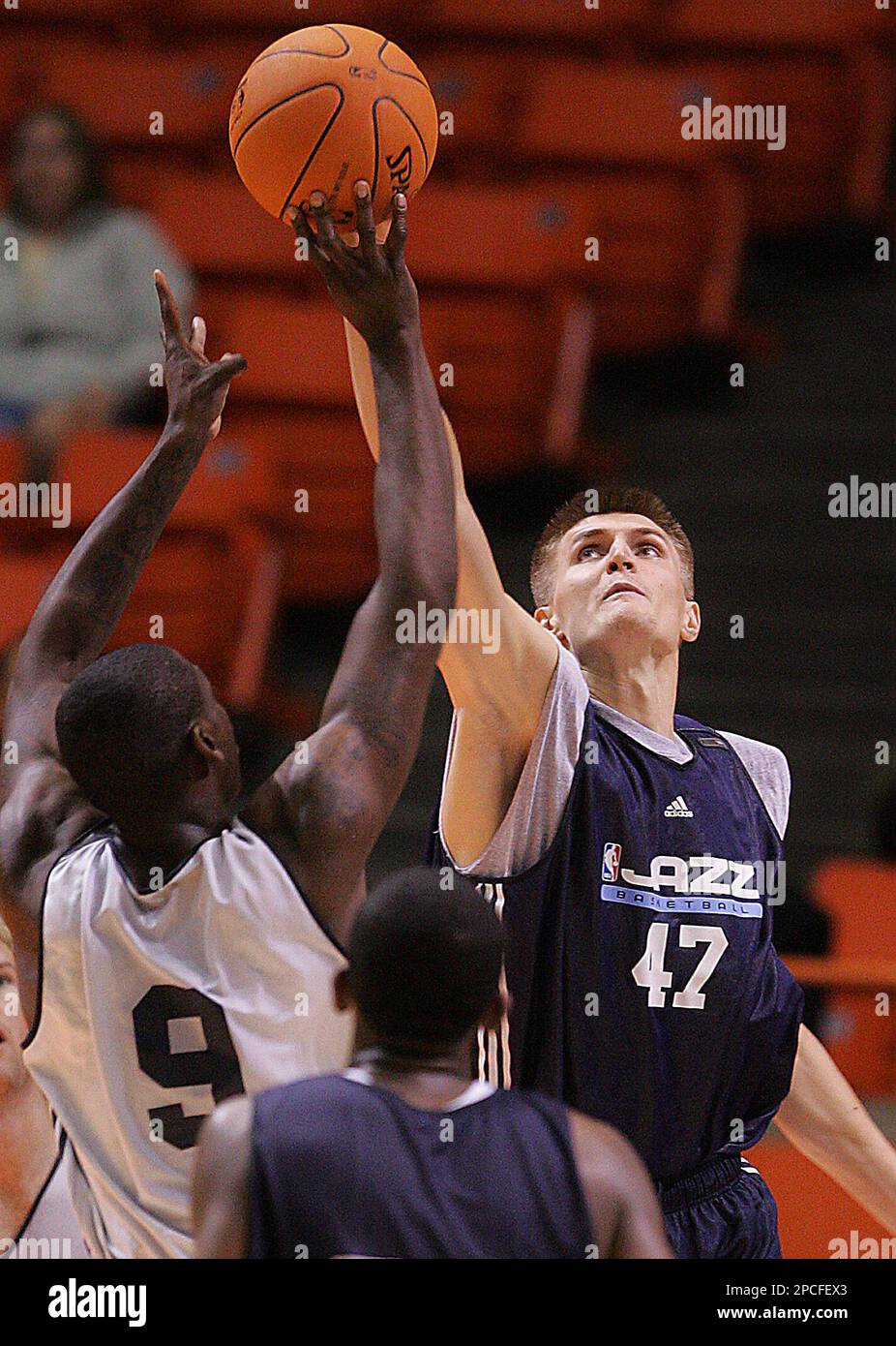 Utah Jazz forward Andrei Kirilenko (47) of Russia, blocks the shot of ...
