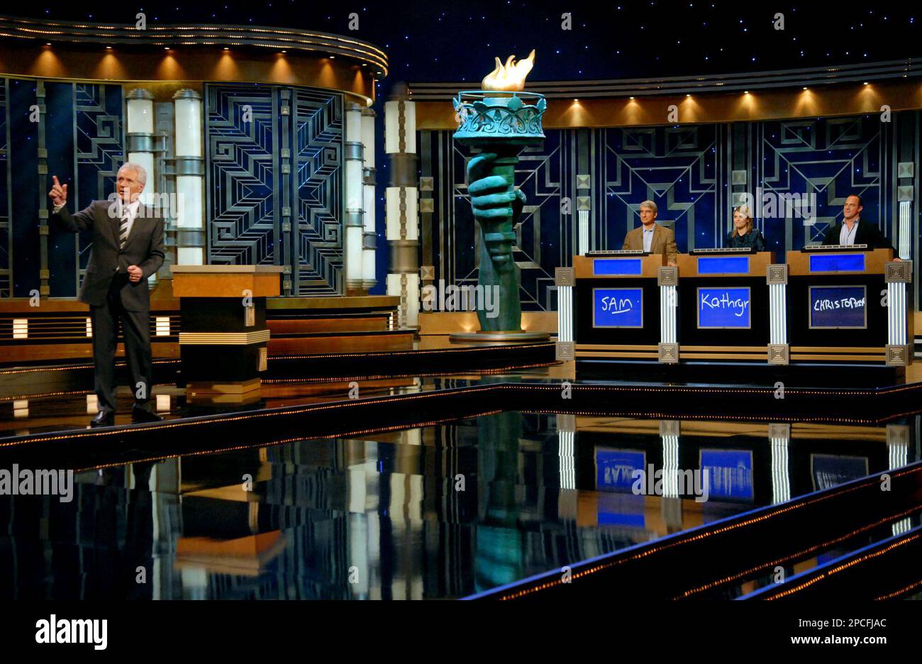 Alex Trebek hosts Jeopardy with guests Sam Waterston of "Law & Order ...