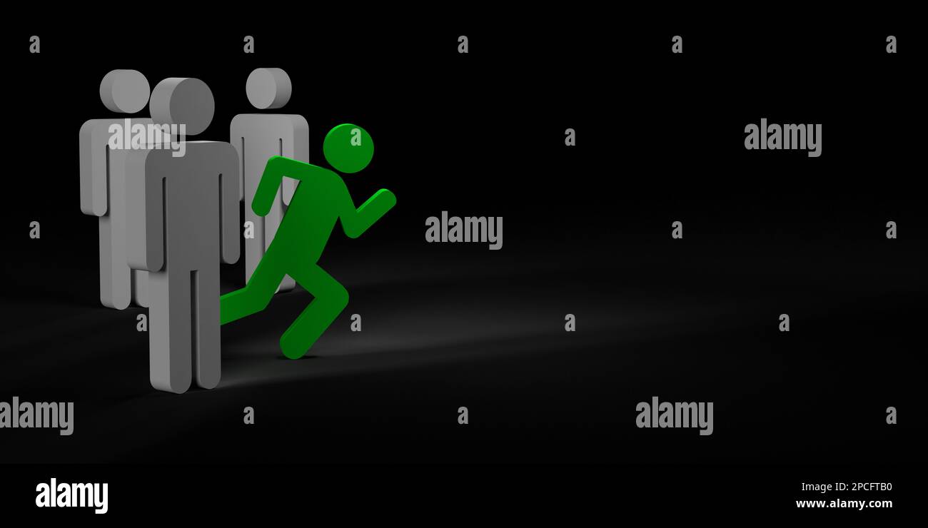 Unique running green human shape stickman among group. 3D render ...