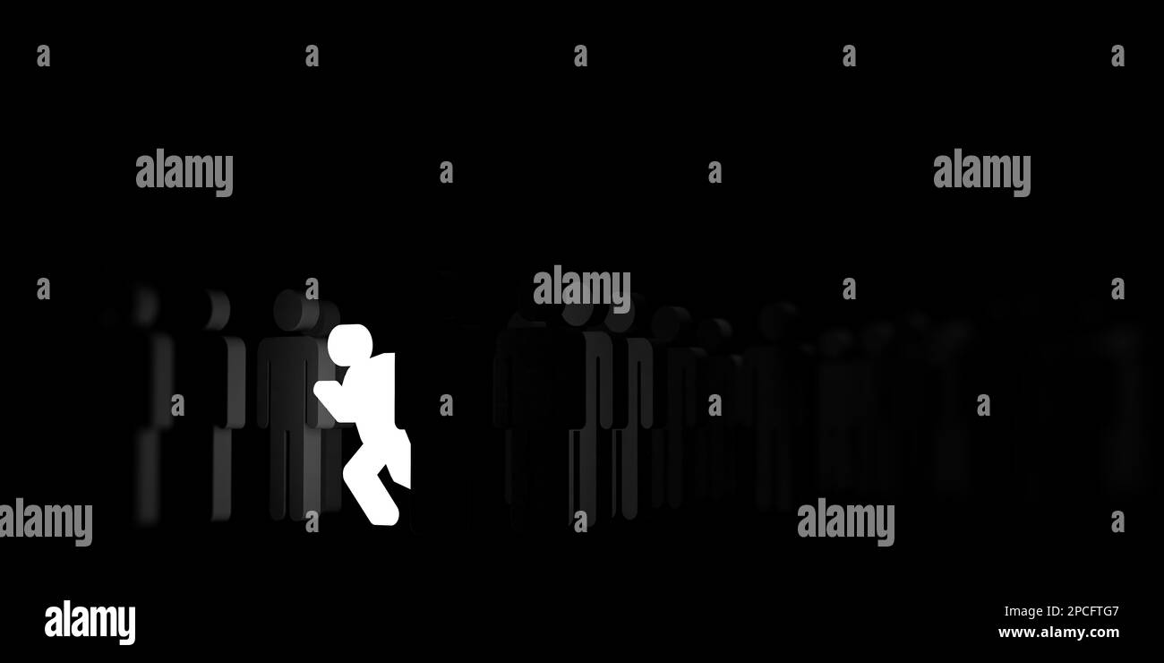 Glowing white human shape stickman among dark ones.3D render leadership ...