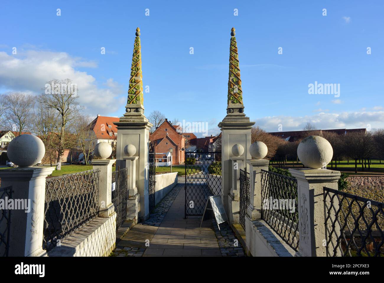Entry way of the castle in Delitzsch, Germany, view to the town Stock ...