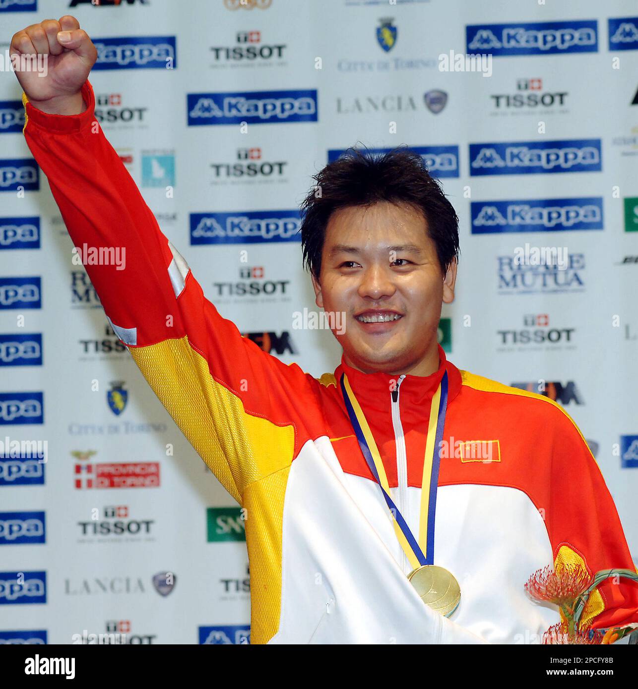 China's Lei Wang, winner of the men's individual epee, celebrates on ...