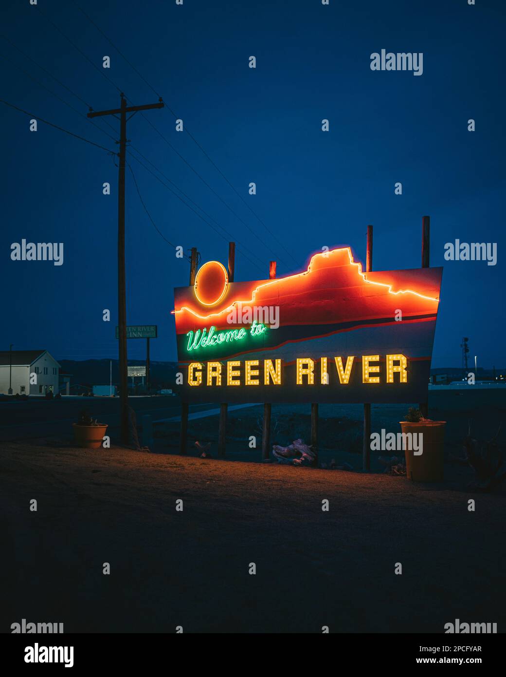 Welcome to Green River neon sign at night, Green River, Utah Stock ...