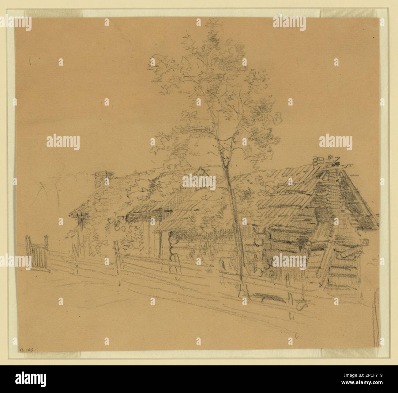 Log cabin beside tree and rail fence. Morgan collection of Civil War ...