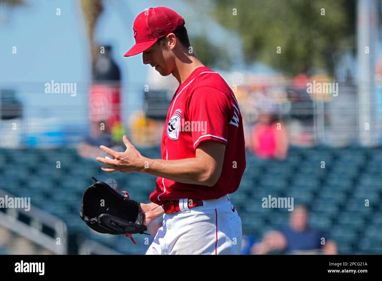 Cincinnati Reds pitcher Brandon Williamson tosses the baseball after ...