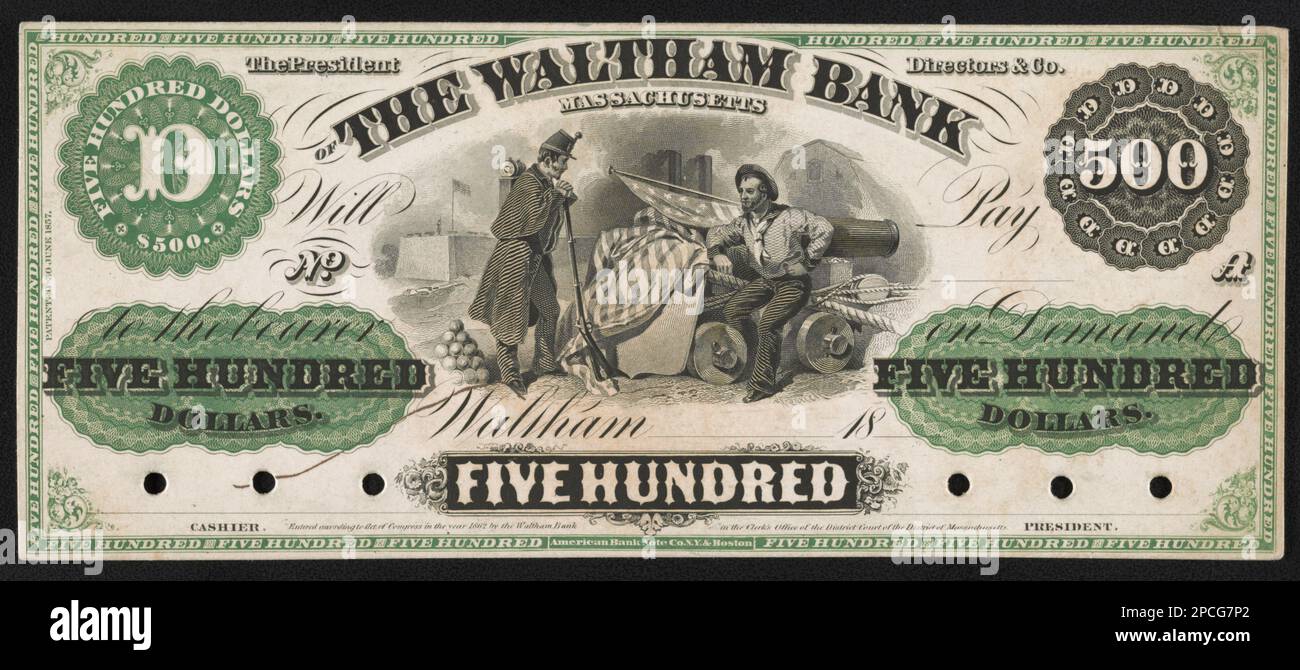 The Waltham Bank five hundred dollar private bank note proof. The ...
