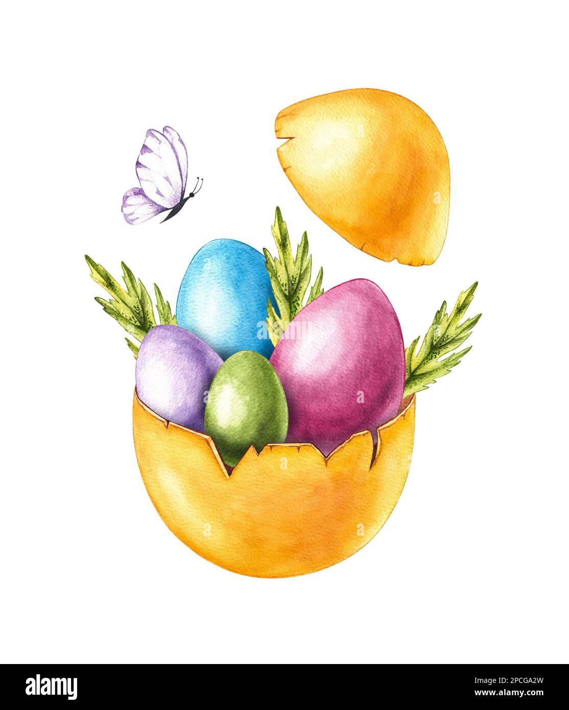 Watercolor Easter composition with eggshell and colored eggs on white ...
