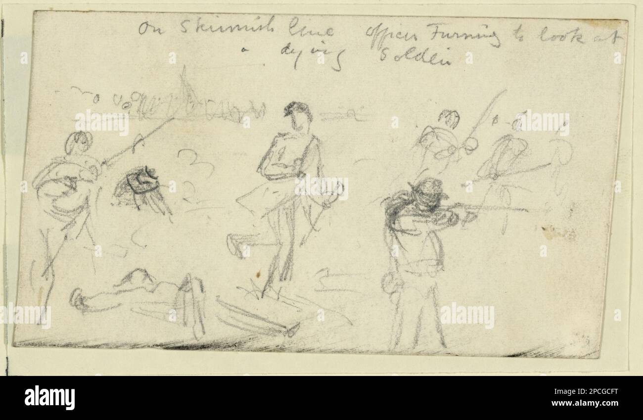 On skirmish line Officer turning to look at a dying soldier. Morgan ...