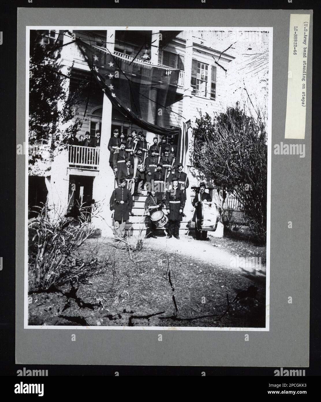 U.S. Army band standing on steps. Print made by Library of Congress ...
