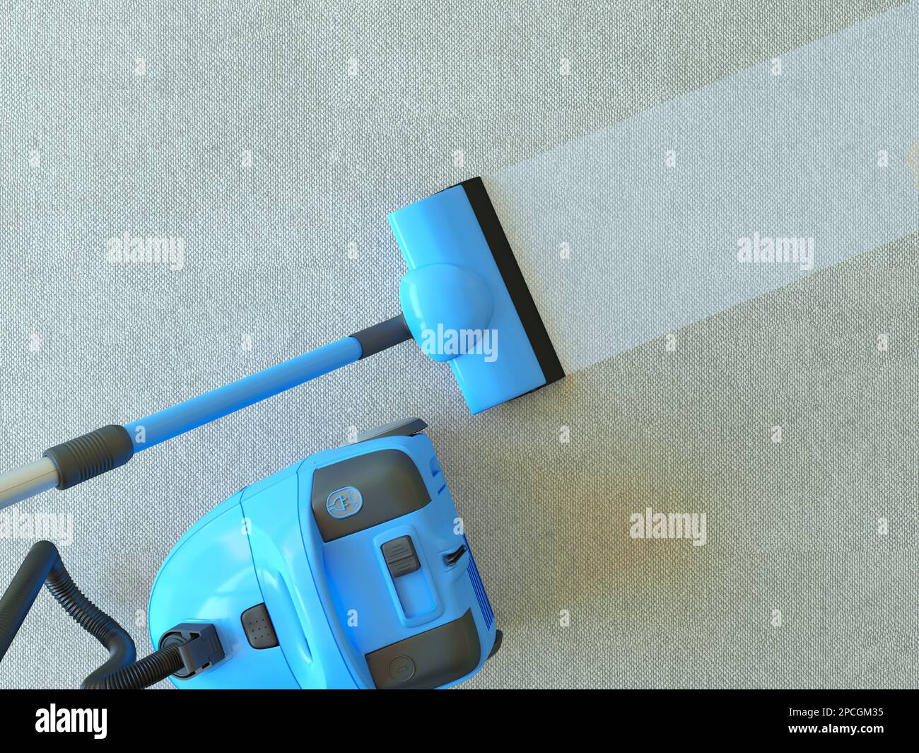 Dry carpet cleaning, top view. A blue vacuum cleaner cleans the carpet ...