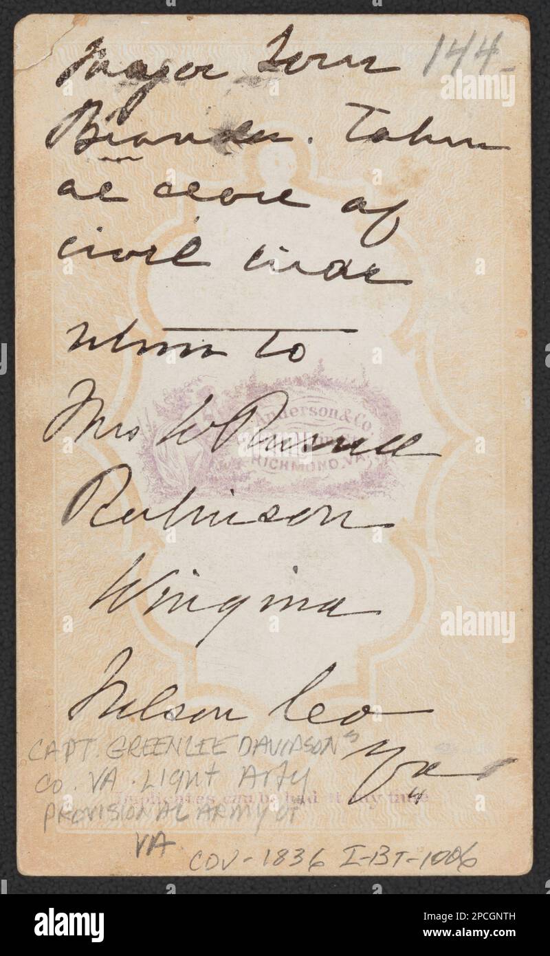 Major Thomas Alexander Brander of Co. A, 20th Virginia Infantry Regiment and Richmond "Letcher ...