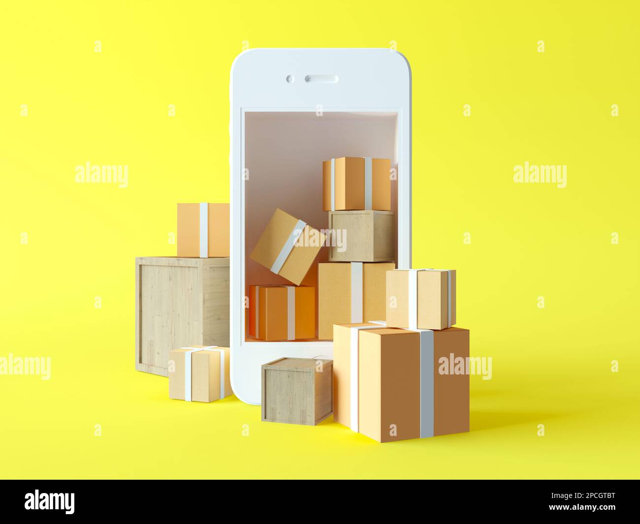 A white smartphone with a bunch of cardboard boxes of different sizes ...
