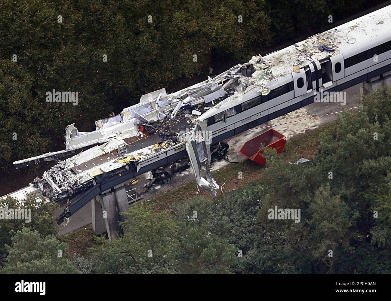 An aerial view of the damaged magnetic train Transrapid on its elevated ...