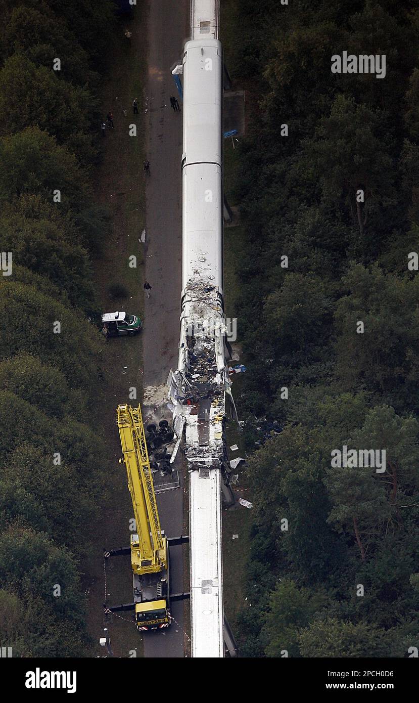 An aerial view of the damaged magnetic train Transrapid on its elevated ...