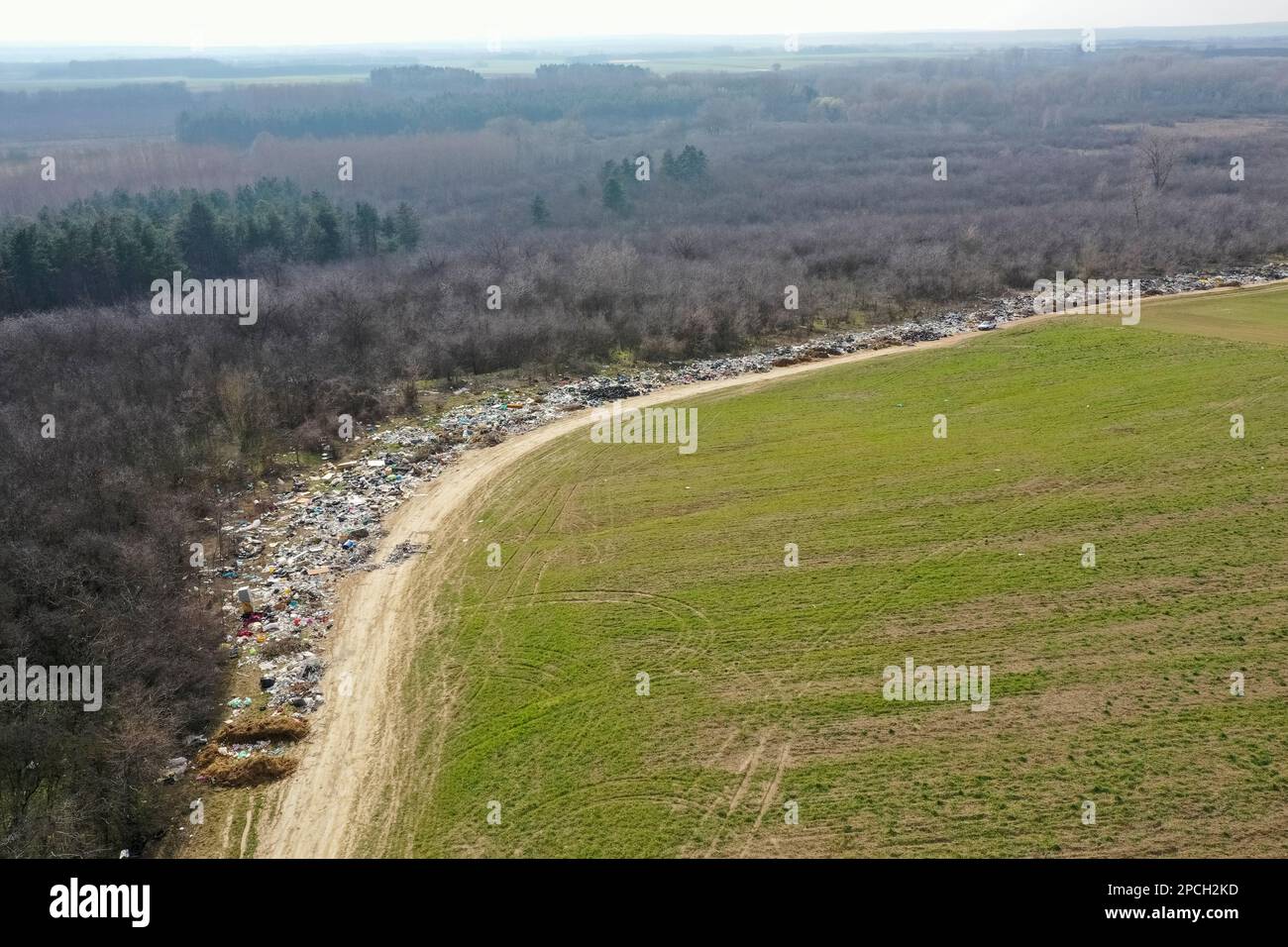 Amazing ecological pollution in Hungary. Near a town, there is a lot of ...