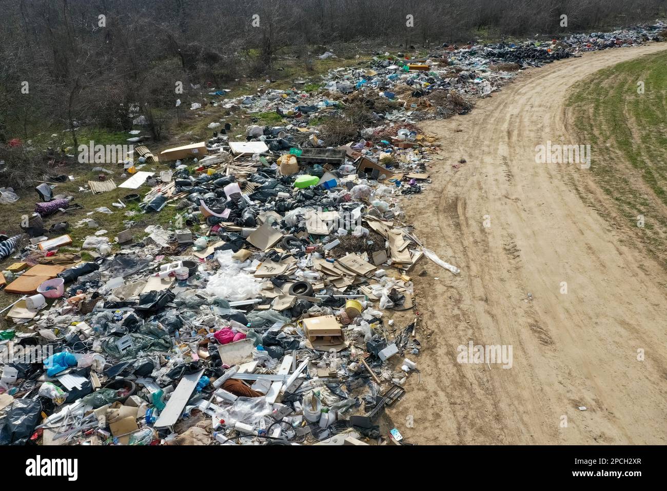 Amazing ecological pollution in Hungary. Near a town, there is a lot of ...
