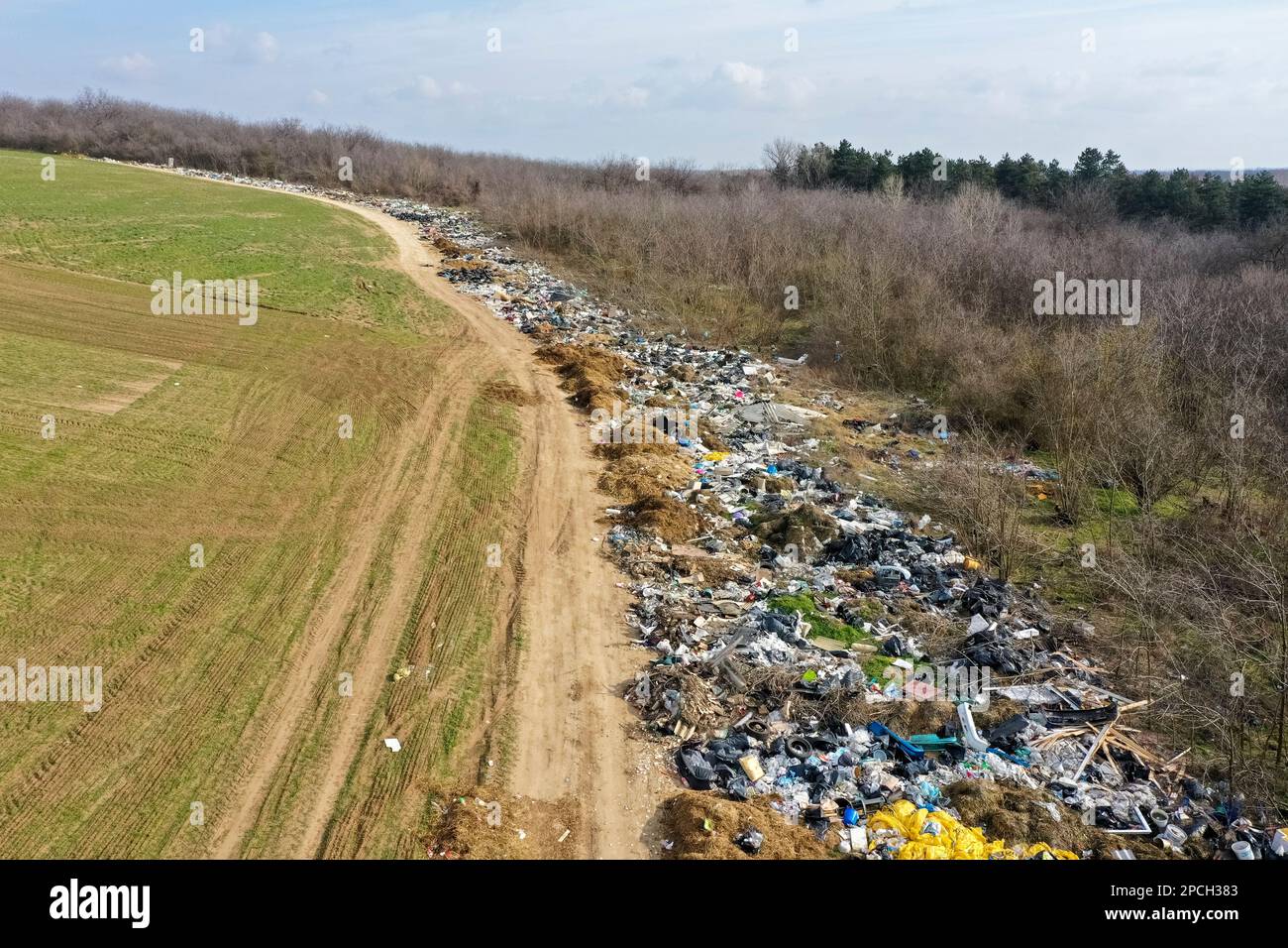 Amazing ecological pollution in Hungary. Near a town, there is a lot of ...