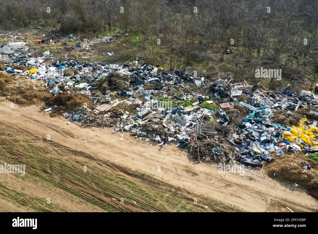 Amazing ecological pollution in Hungary. Near a town, there is a lot of ...