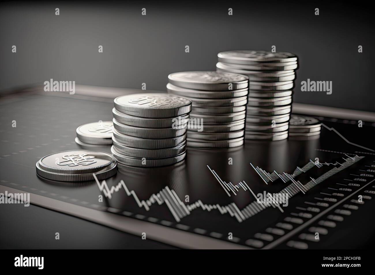 stack of silver coins with trading chart Stock Photo - Alamy