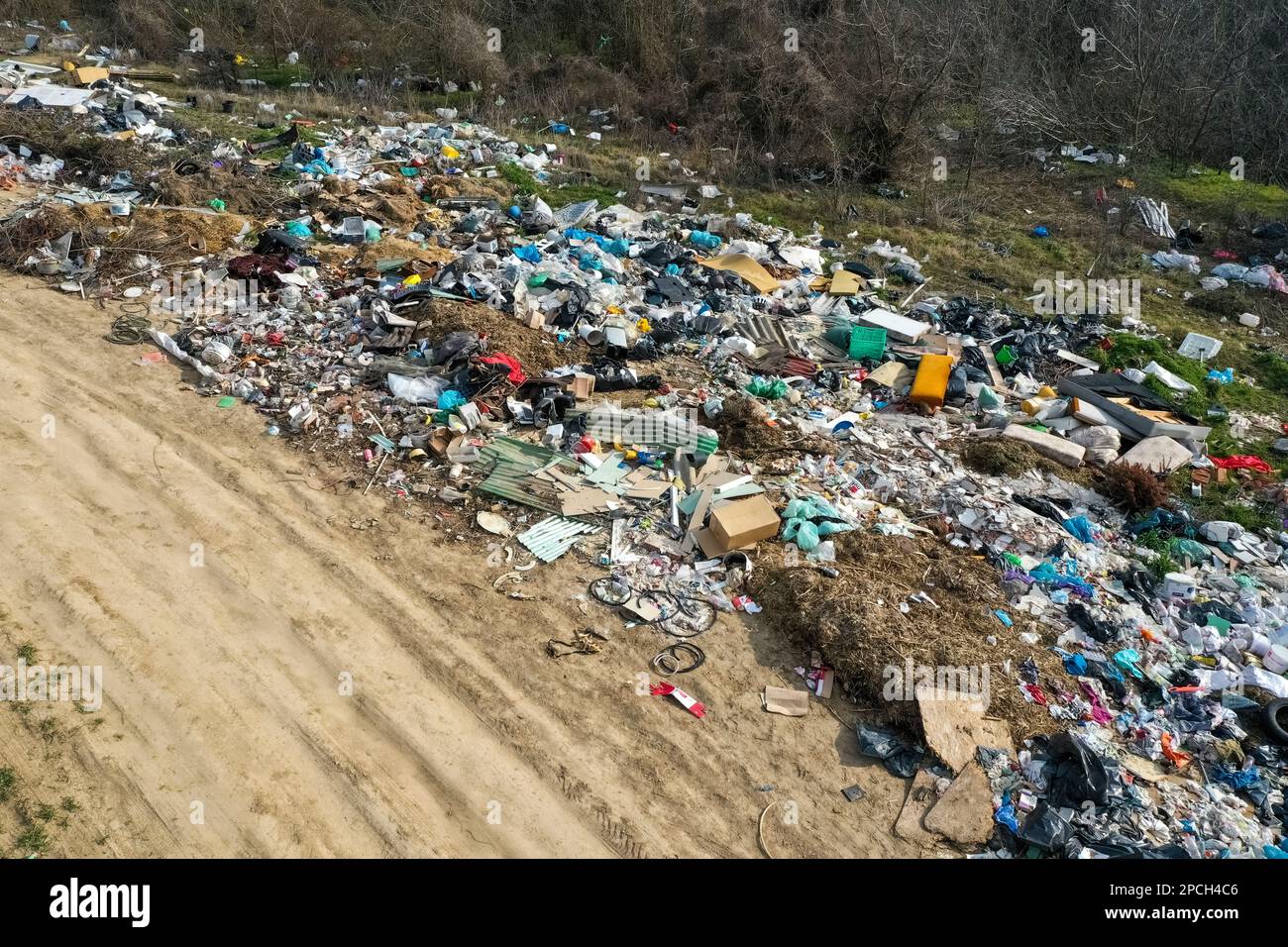 Amazing ecological pollution in Hungary. Near a town, there is a lot of ...