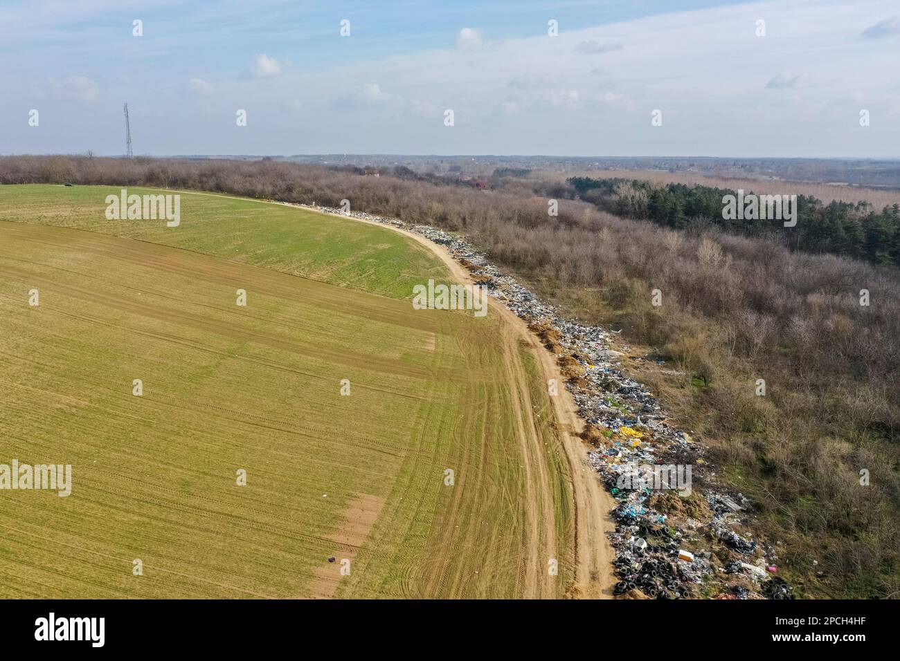 Amazing ecological pollution in Hungary. Near a town, there is a lot of ...