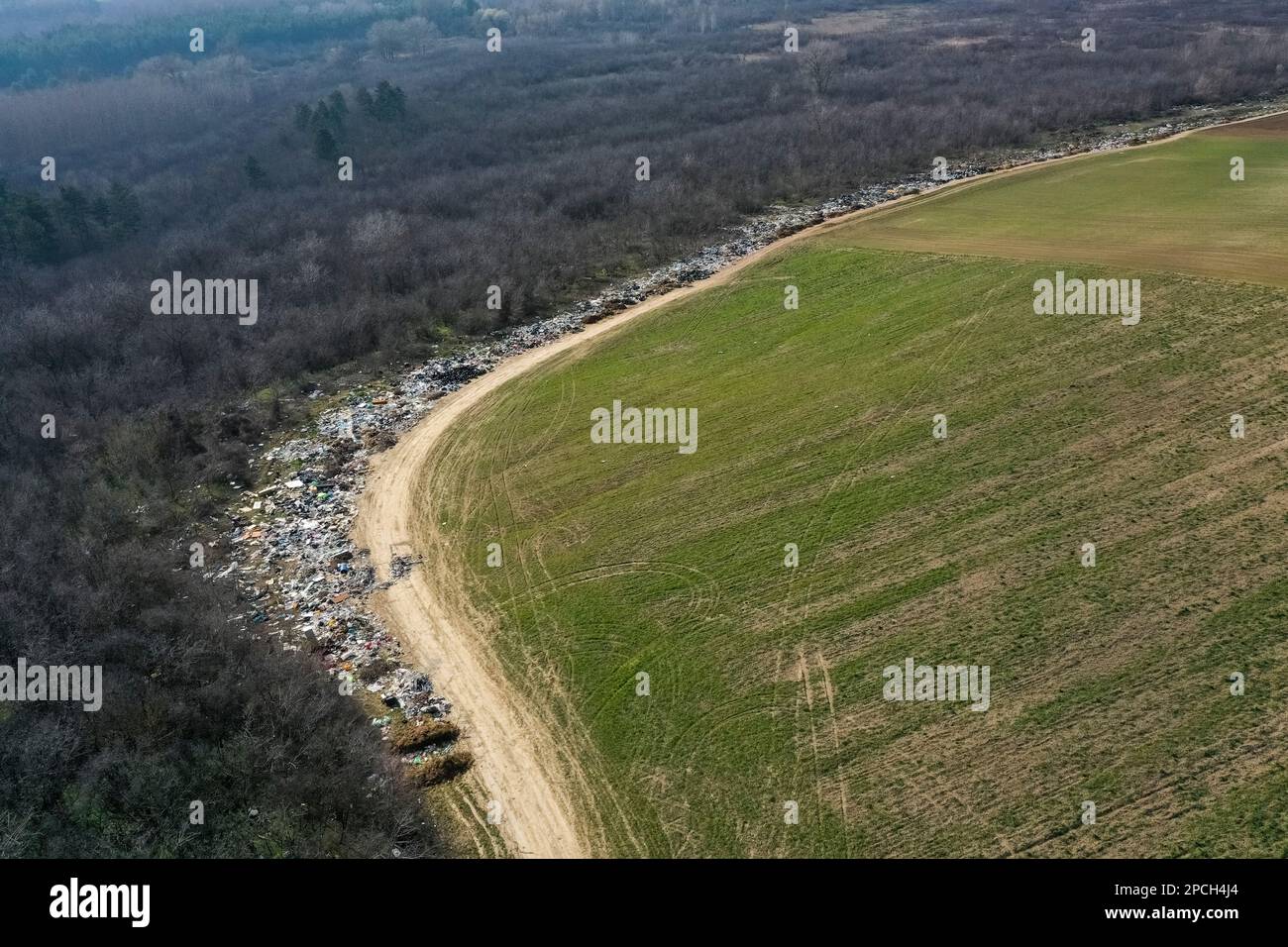 Amazing ecological pollution in Hungary. Near a town, there is a lot of ...