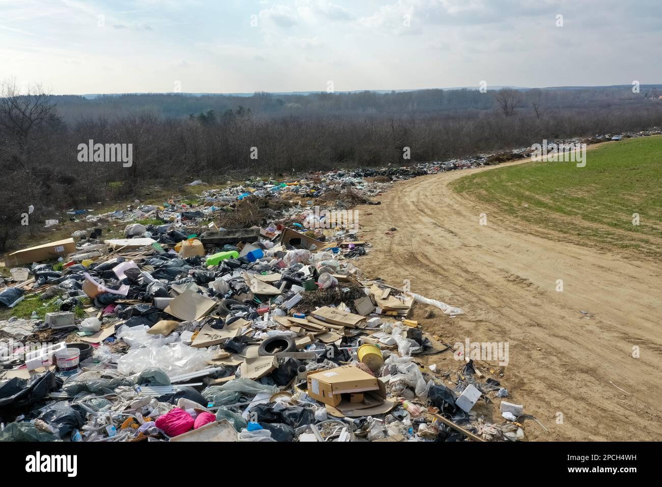 Amazing ecological pollution in Hungary. Near a town, there is a lot of ...