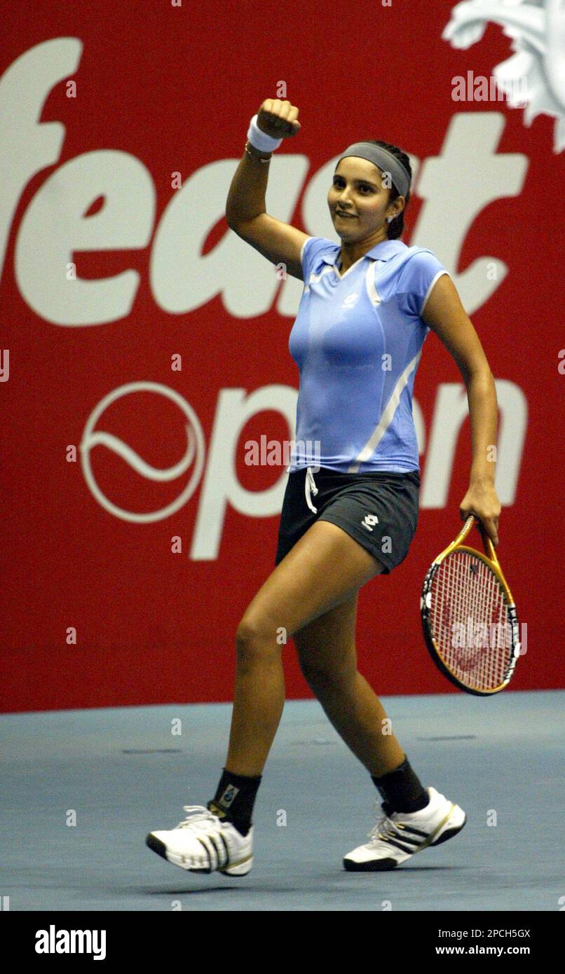 Sania Mirza of India celebrates her victory after winning the match ...