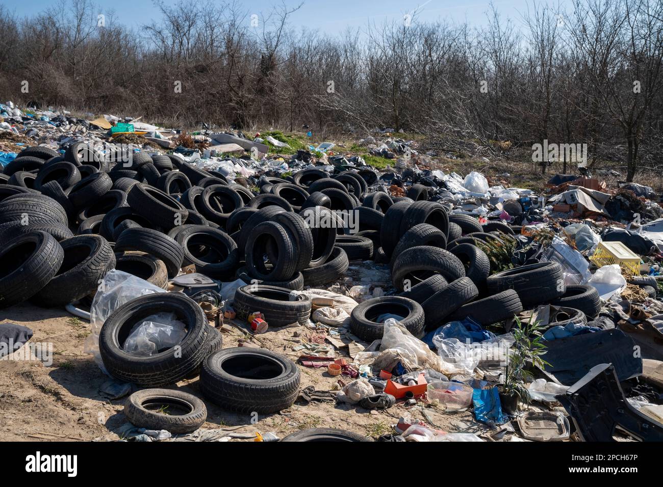 Amazing ecological pollution in Hungary. Near a town, there is a lot of ...