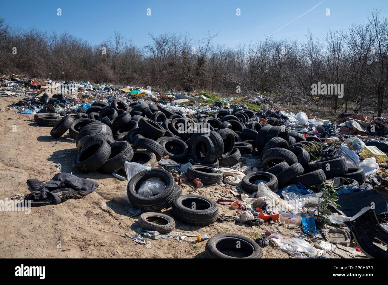Amazing ecological pollution in Hungary. Near a town, there is a lot of ...