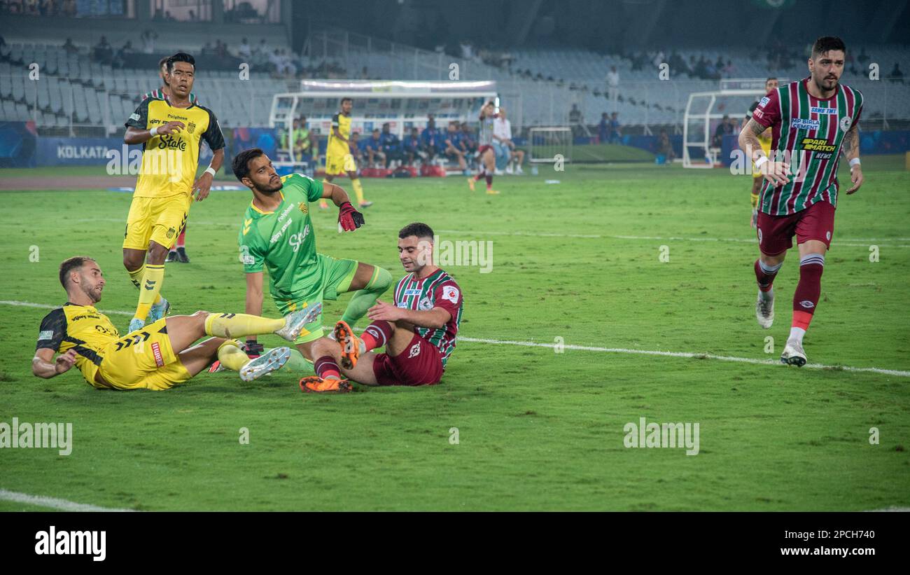 Kolkata, India. 13th Mar, 2023. ATKMB beats Hyderabad FC on a penalty shoot-out (4-3 result) in ...