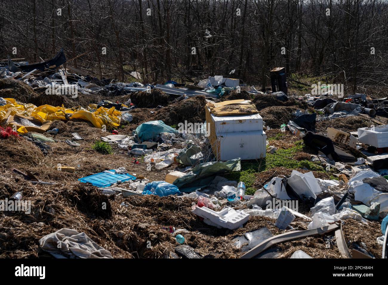 Amazing ecological pollution in Hungary. Near a town, there is a lot of ...