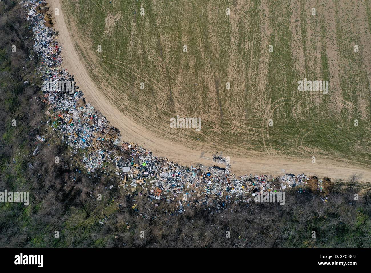 Amazing ecological pollution in Hungary. Near a town, there is a lot of ...