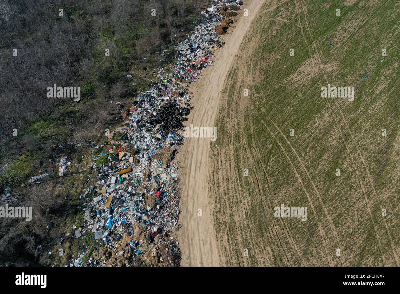 Amazing ecological pollution in Hungary. Near a town, there is a lot of ...
