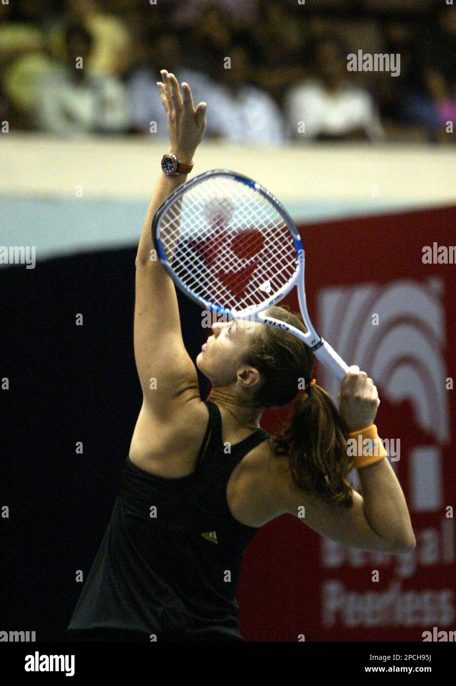 Martina Hingis of Switzerland plays against Tzipora Obziler of Israel ...