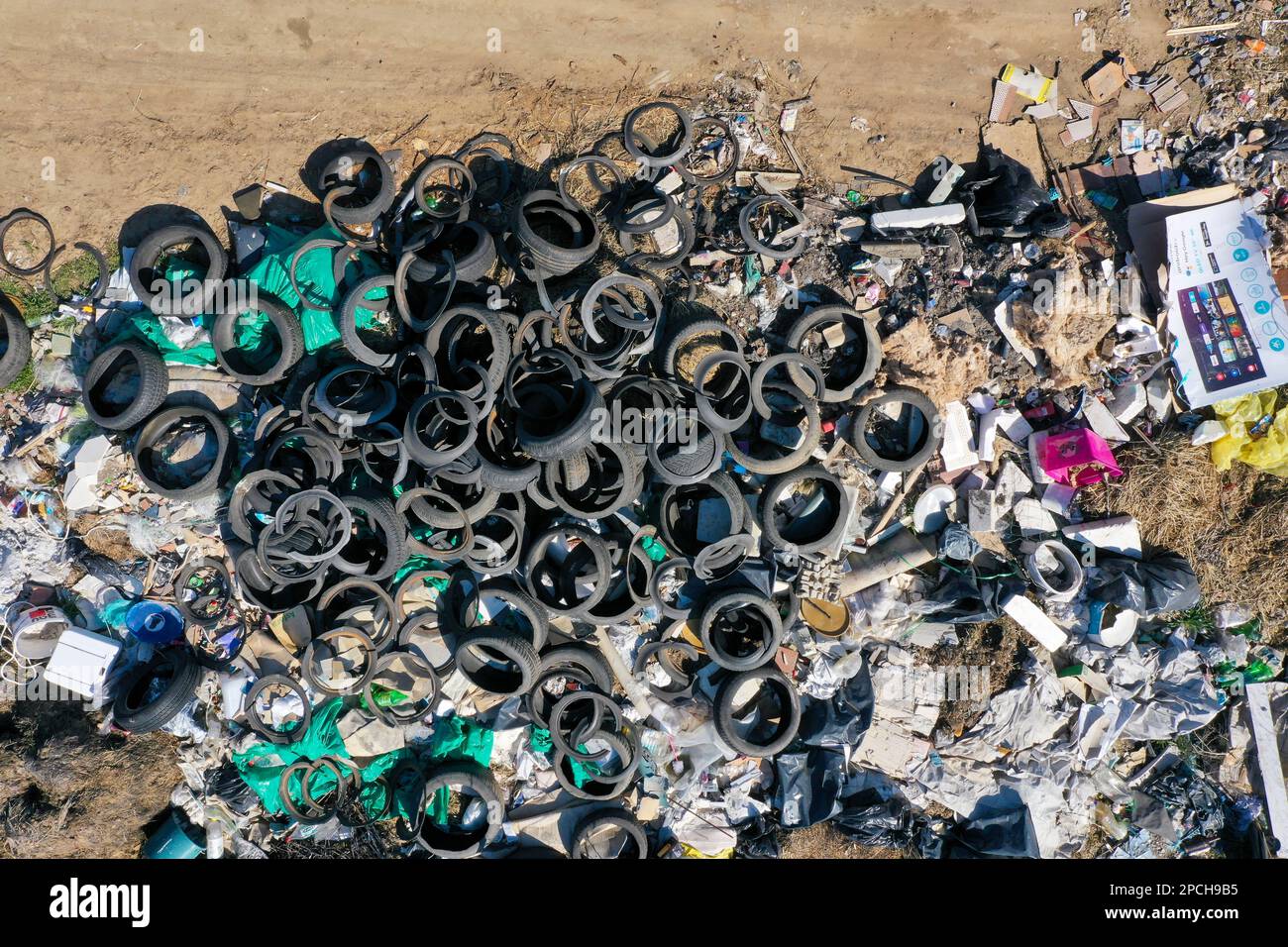 Amazing ecological pollution in Hungary. Near a town, there is a lot of ...