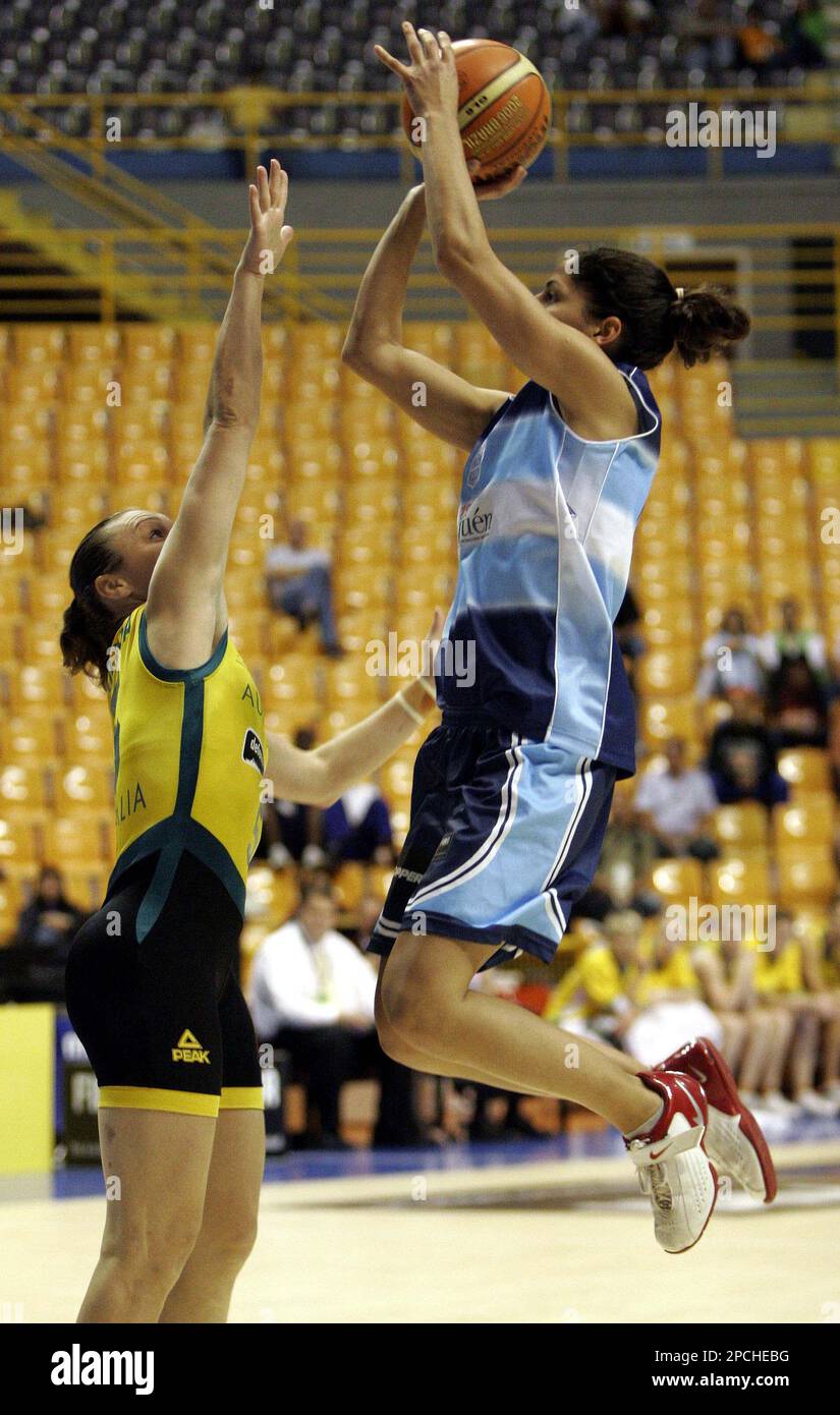 Argentina's Natalia Rios, right, shoots against Australia's Jennifer ...