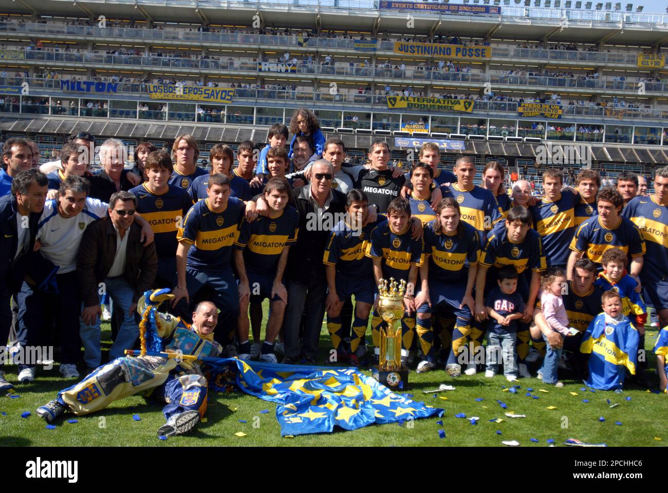 Boca Juniors players pose for the photographers at La Bombonera stadium ...