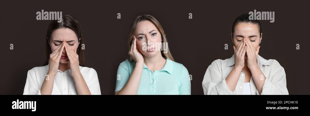 Collage with photos of women suffering from headache on brown ...